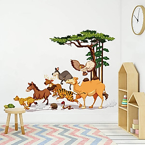 MEFOSS Removable Cartoon Jungle Animal Big Tree Wall Decals Creative Tiger Horse Leopard Turtle Wall Stickers Peel and Stick Wall Decals for Kids Bedroom Playroom Nursery Wall Decor (A)