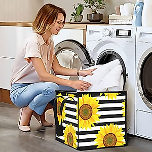 KEEPREAL Sunflower Black and White Stripes Cube Storage Bin with Handles, Large Collapsible Organizer Storage Basket for Home Decorative(1Pack,10.6 x 10.6 x 10.6 in)