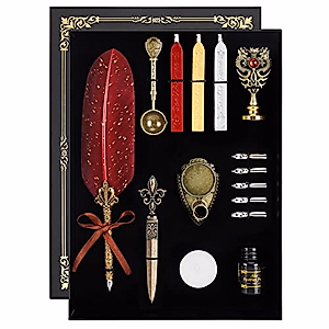 Karhood Quill Pen and Ink Set - Feather Calligraphy Dip Pen with Wax Seal Stamp Kit and 5 Nibs (Red)