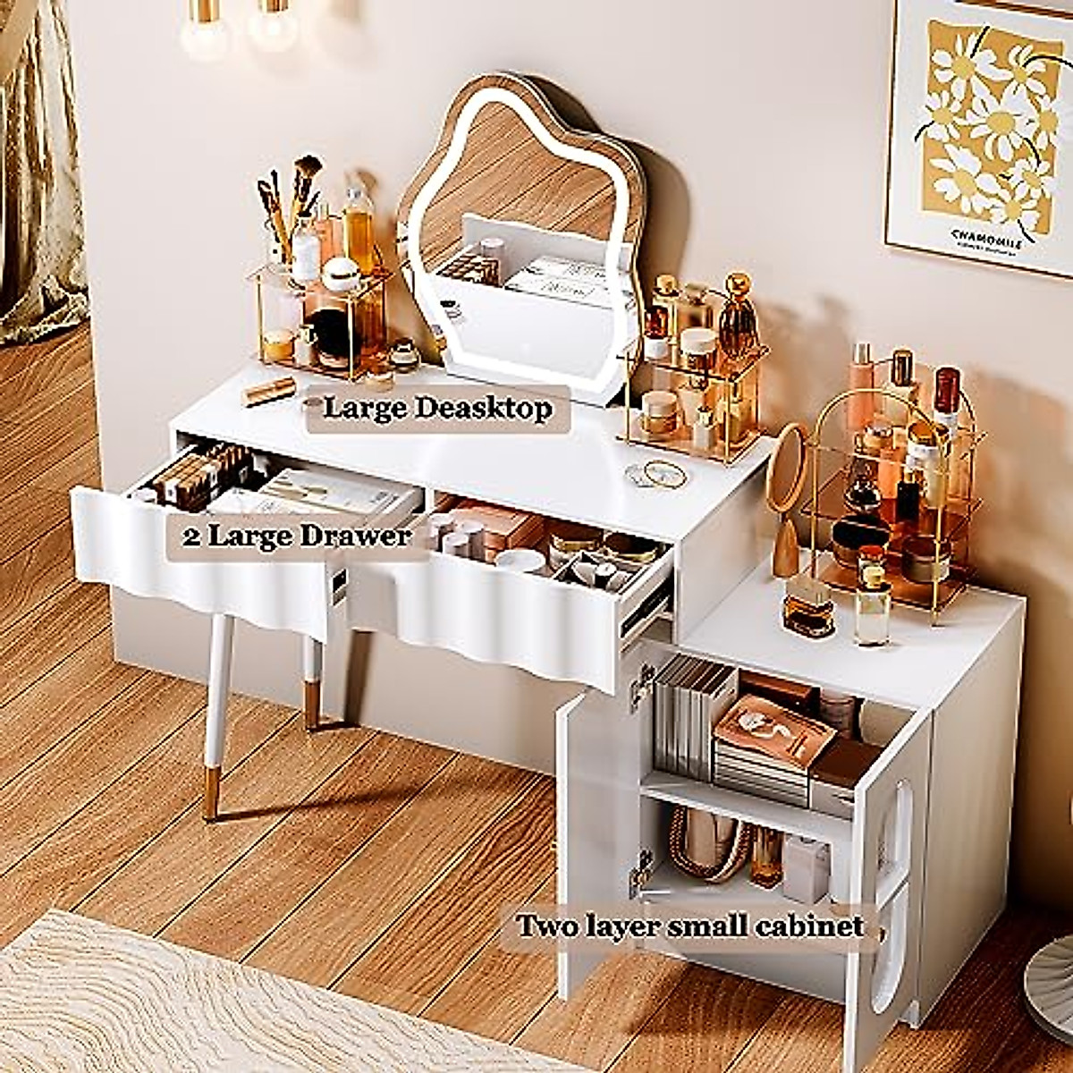 Chrangmay Modern Vanity Desk with Mirror and LED Lights,Retractable Makeup Vanity with 2 Wave Drawers & Cabinet,Writing Desk,for Bedroom,Bathroom, Gift for Girls and Women,White