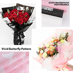 NESCCI 20 Sheet Flower Wrapping Paper - Waterproof Floral Bouquet Wrapping Paper, Florist Supplies Packaging Paper for Wedding Birthday Gift DIY (Butterfly Pink)