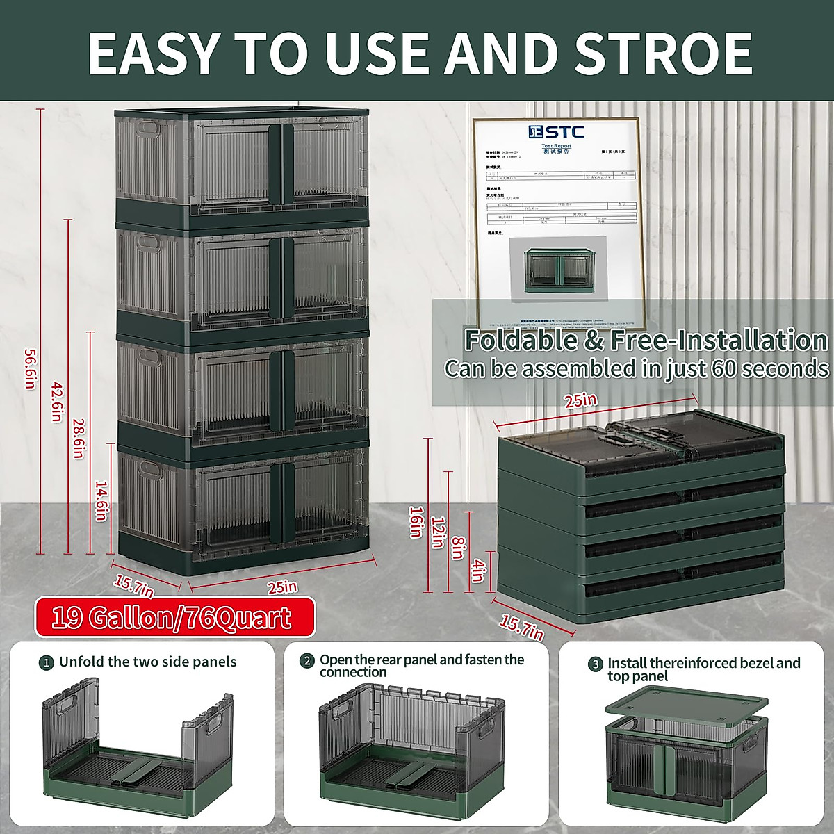 Sineda 19 Gallon Collapsible Storage Bins with Lids, stackable storage bins with Doors and Wheels, plastic storage cabinet for easy storage and organization, Green - 4 Pack