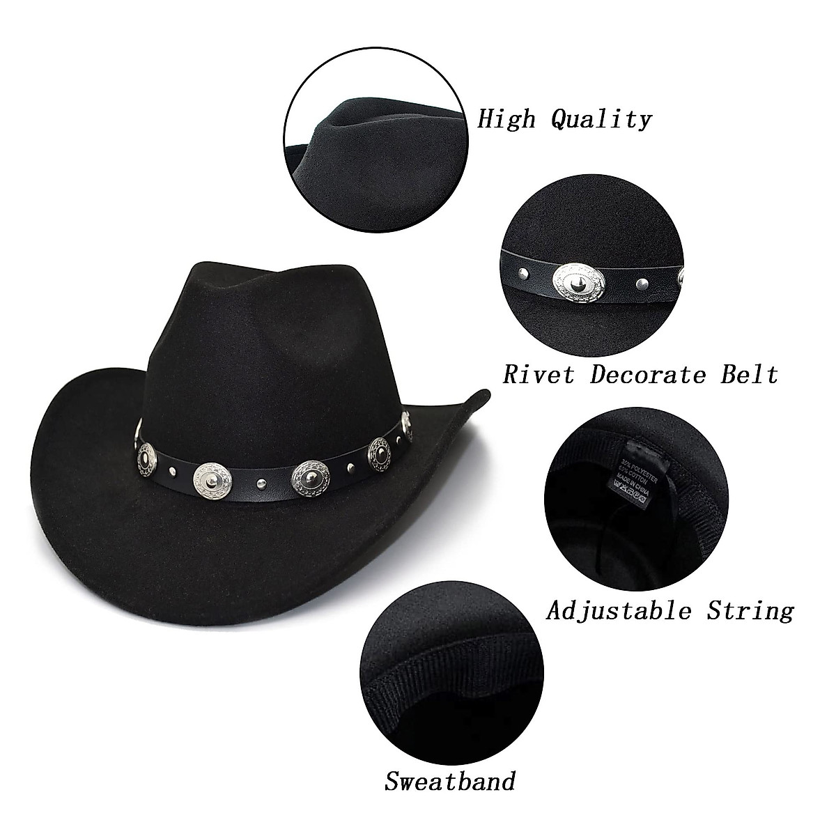 Classic Western-Cowboy-Hat Men Womens Wide Brim Cowgirl Hats Felt Fedora hat (S-M)