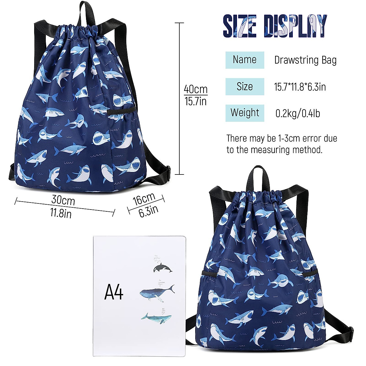 Ryushoyo Children Boy Girl Ocean Shark Print Drawstring Backpack Outdoor Casaul Portable Shoulder Bag Swim Gymsack Sack Pack Dark Blue