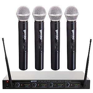 Gemini Sound UHF-04M Wireless Cordless Professional Set of 4 Handheld Microphones and Receiver for DJ, Karaoke, Stage Performance or PA System Four Pack