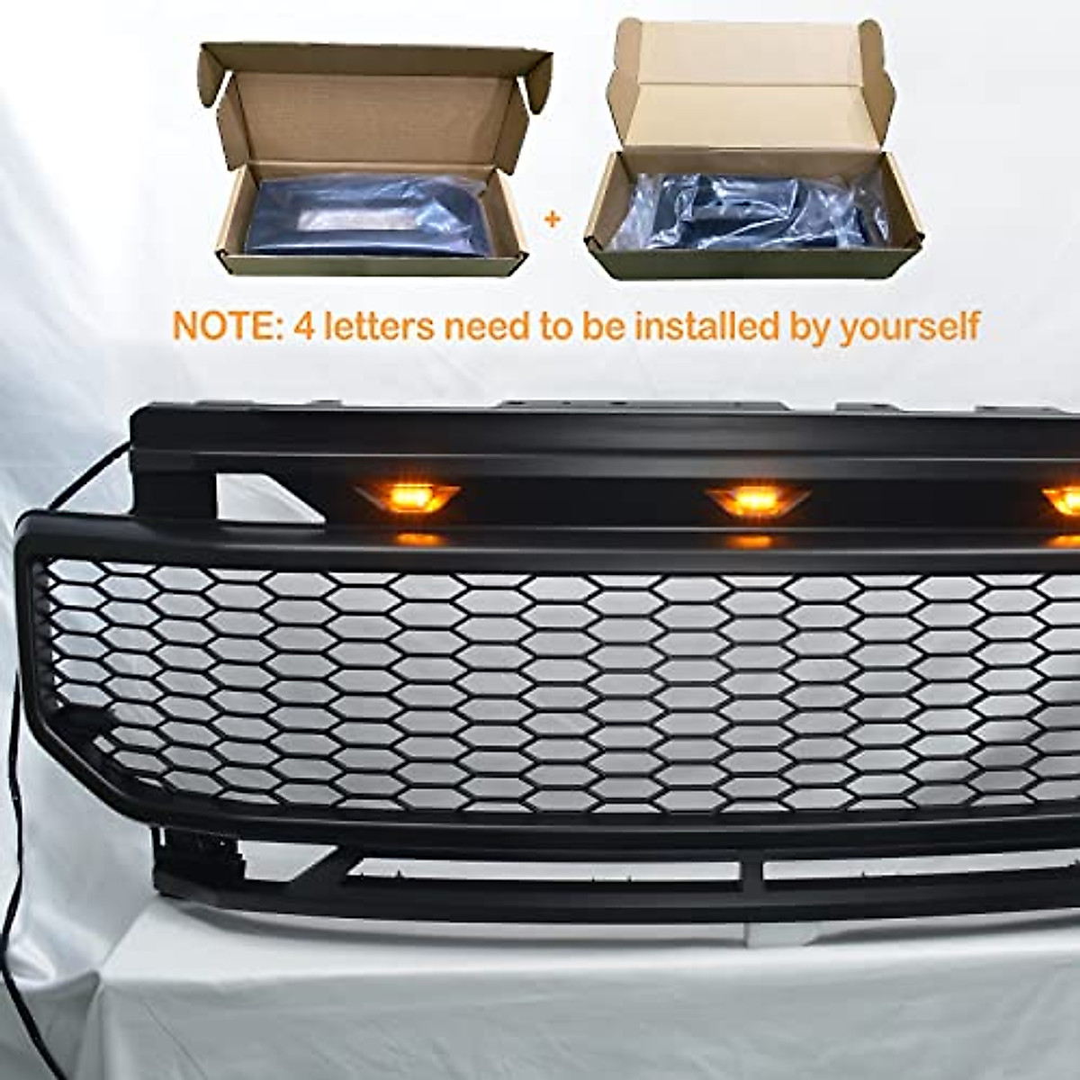 Giveme5 Grill for (2020- 2022) F250 Grill Front Black Grill Aftermarket Grille Replacement Super Duty Accessories Grille Custom Mesh Cover Parrilla with Amber Lights Letters Insert Part