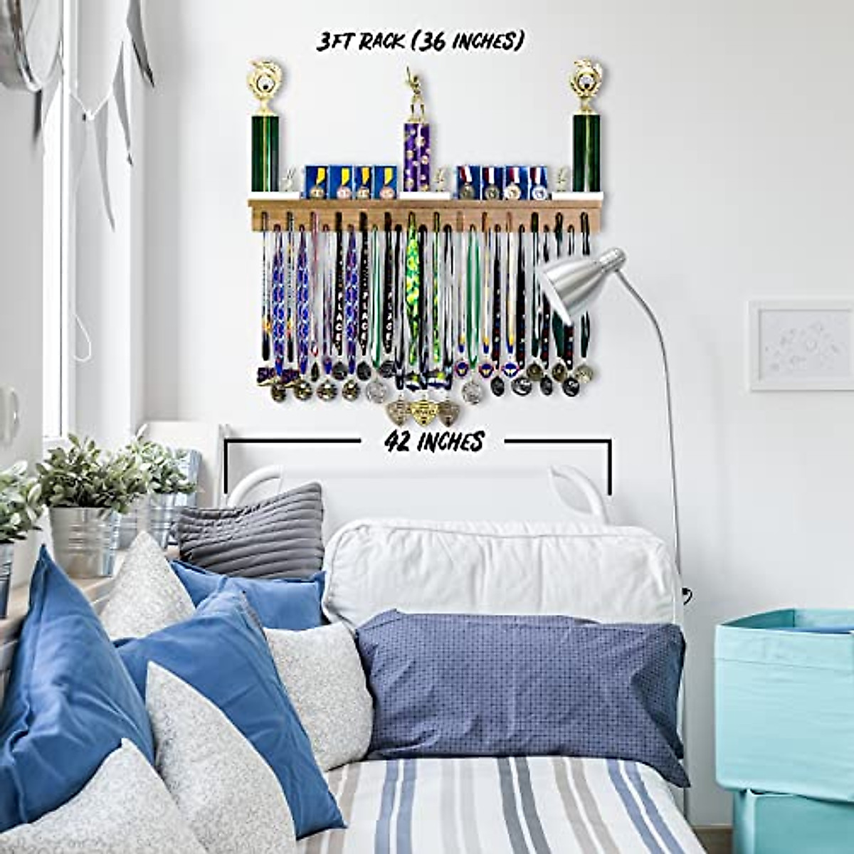 3ft Medal Awards Rack Premier Trophy Shelf- Trophy, Plaque and Medal Display (Stained Walnut)