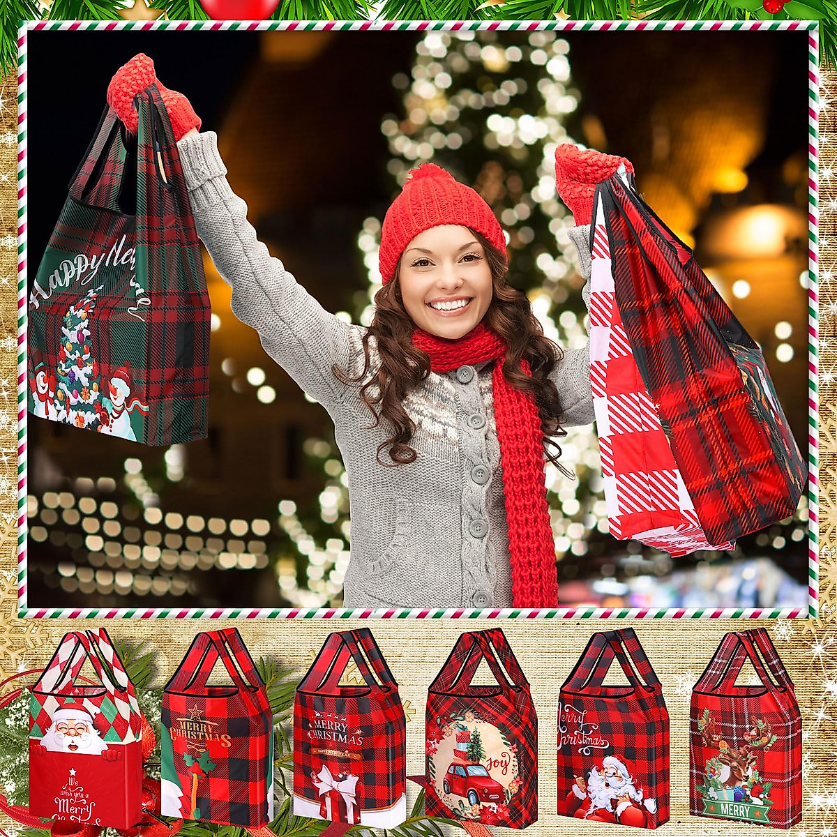 Paterr 24 Pack Christmas Reusable Grocery Bags Foldable Tote Bag Shopping Bag Gift Bags 50lbs Polyester Carry Pouch for Xmas (Vivid)