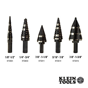Klein Tools Hole Cutter Kit + Step Drill Bit | 4-Piece Carbide Hole Cutter Set with Pilot Bit and 3/8 in. Hex Shank Double Fluted Step Drill Bit