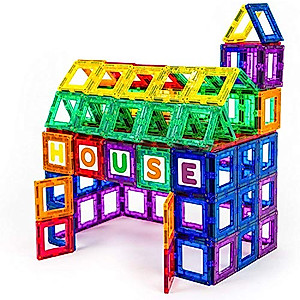 Playmags Magnetic Tile Building Set: Exclusive Educational Clickins 36-Pc. Kit: 18 Super Strong Clear Color Magnet Tiles Windows & 18 Letters & Numbers Stimulate Creativity & Brain Development