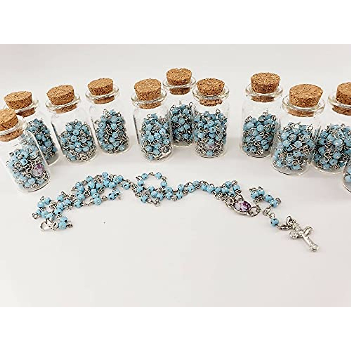 Baptism Favor (12PCS) Holy Communion Rosary in Glass Bottle Jar Recuerdos De Bautizo Quinceanera Christening Recuerdos para Primera Comunion Niña Quinceanera Gift for Guests Blue