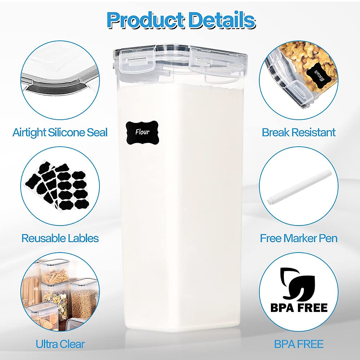 Airtight Food Storage Container Set 14 Pack, Kitchen and Pantry Organization Containers, BPA Free Plastic Cereal Containers with Easy Lock Lids, Kitchen Decor with 24 Labels & Marker