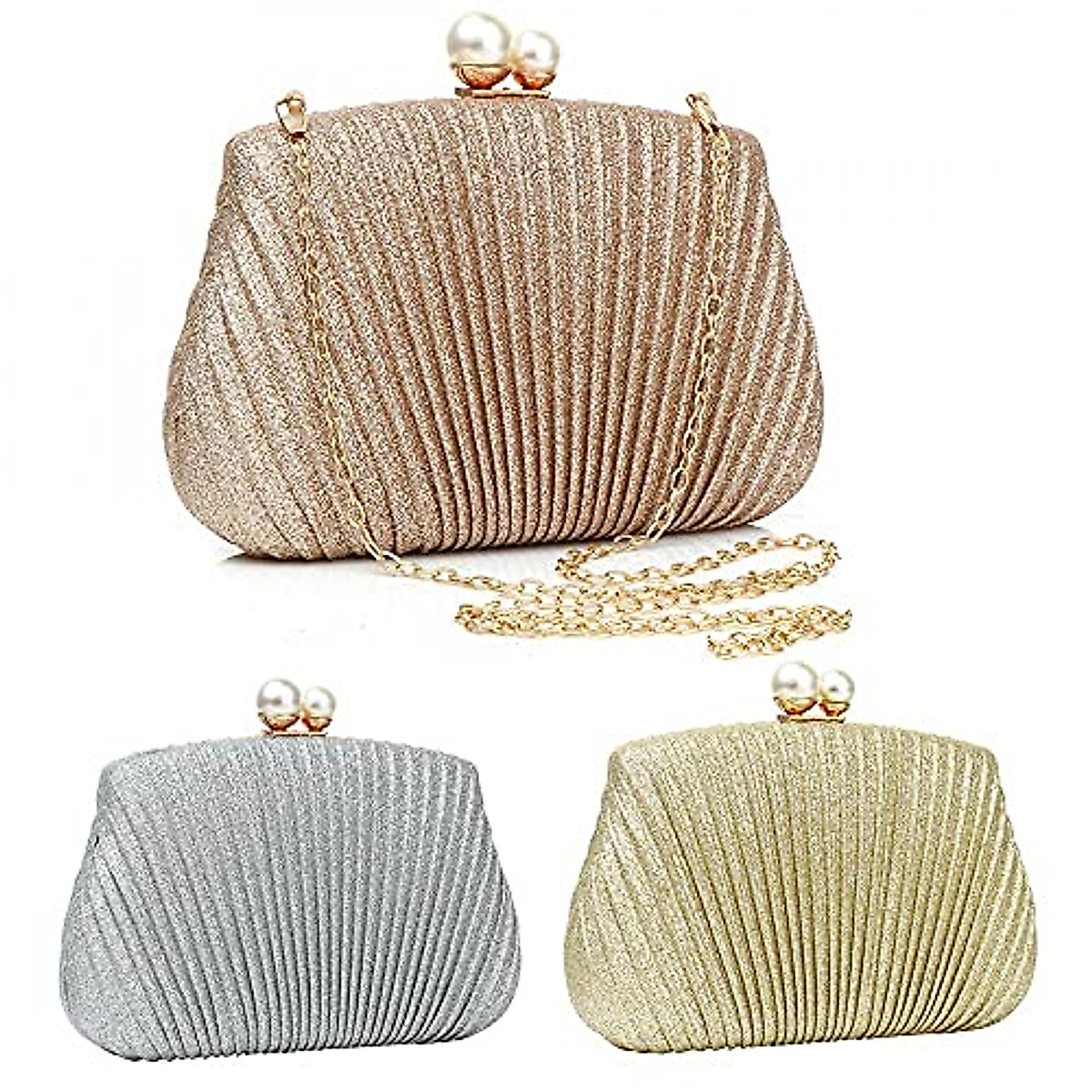 Womens Clutch Shell beads Evening Bag Wedding Bridal Prom Purse and Shoulder Handbag (Rose gold color)