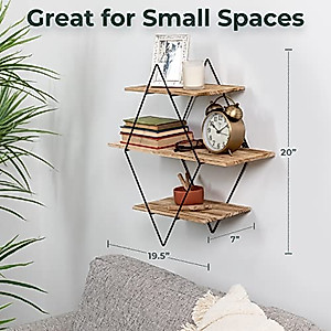 Greenco Geometric Diamond Shaped 3 Tier Mounted Floating Shelves, Rustic Wood Wall Storage Shelves for Bedroom, Living Room, Bathroom, Kitchen, Office, Natural Finish