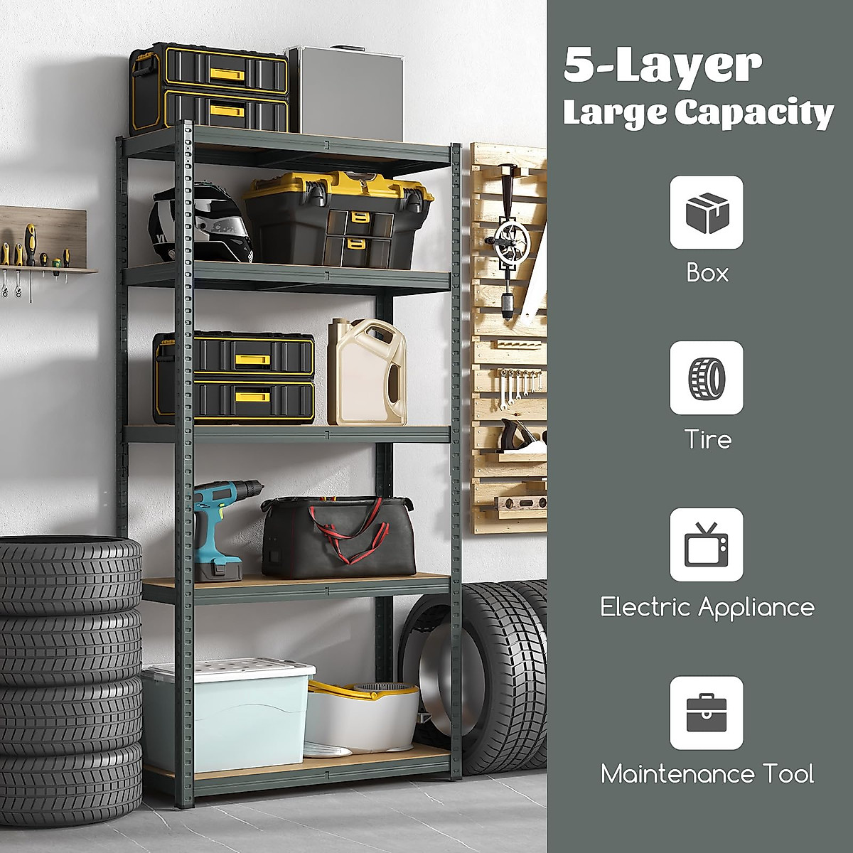 Giantex 5-Tier Storage Utility Shelves, Metal Garage Shelving Unit w/Adjustable Height, Anti-tipping Devices, 2000 LBS Total Load Capacity, Heavy Duty Display Rack for Shop, Kitchen (1, Gray)