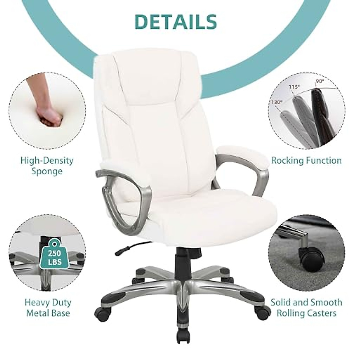 JC Home Executive Swivel Desk Silver Finished Padded Armrest and Chrome Frame Office Chair, Large, Ivory