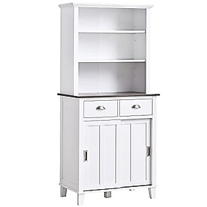 HOMCOM 67" Freestanding Buffet with Hutch, Kitchen Pantry Storage Cabinet with Sliding Doors, Drawers and Open Shelves, Adjustable Shelving, White