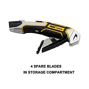 XW Auto-Retractable Safety Utility Knife, Box Cutter of Quick Blade Change, 4 Spare Blades Storage in Handle