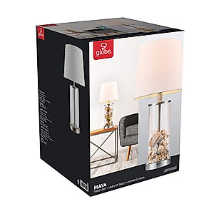 Globe Electric 67155 20" Fillable Table Lamp, Clear Glass and Steel Base, White Fabric Shade, Reading Light, Home Essentials, Bedroom, Nightstands, Room Décor, Dorm