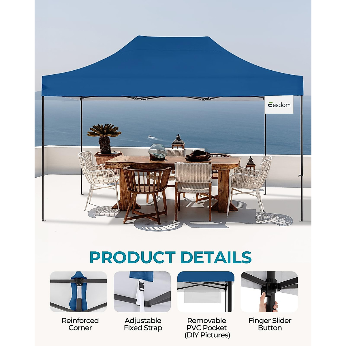 Eesdom 10in x 15in Canopy Tent with Roller Bag, Easy Up Pop Up Tent, 300D Silver-Coating Outdoor Shelter, 4 Stakes & 4Sandbags & 4 Ropes, Blue