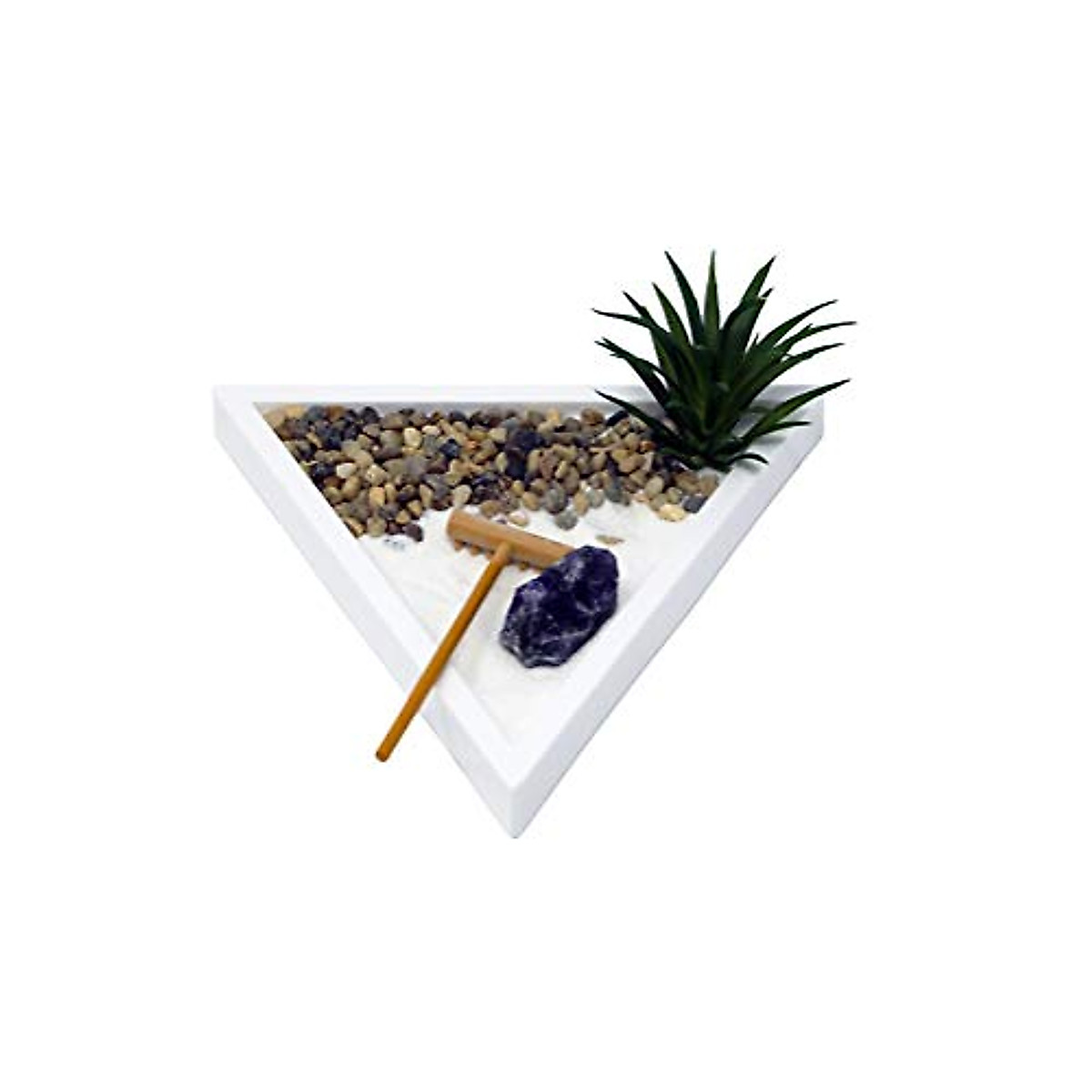 Nature's Mark Mini Zen Garden Kit for Desk with Rake, White Sand, White Triangle Base, Crystal Rock, Mini River Rocks and Air Plant, (7Lx6W Triangle W)