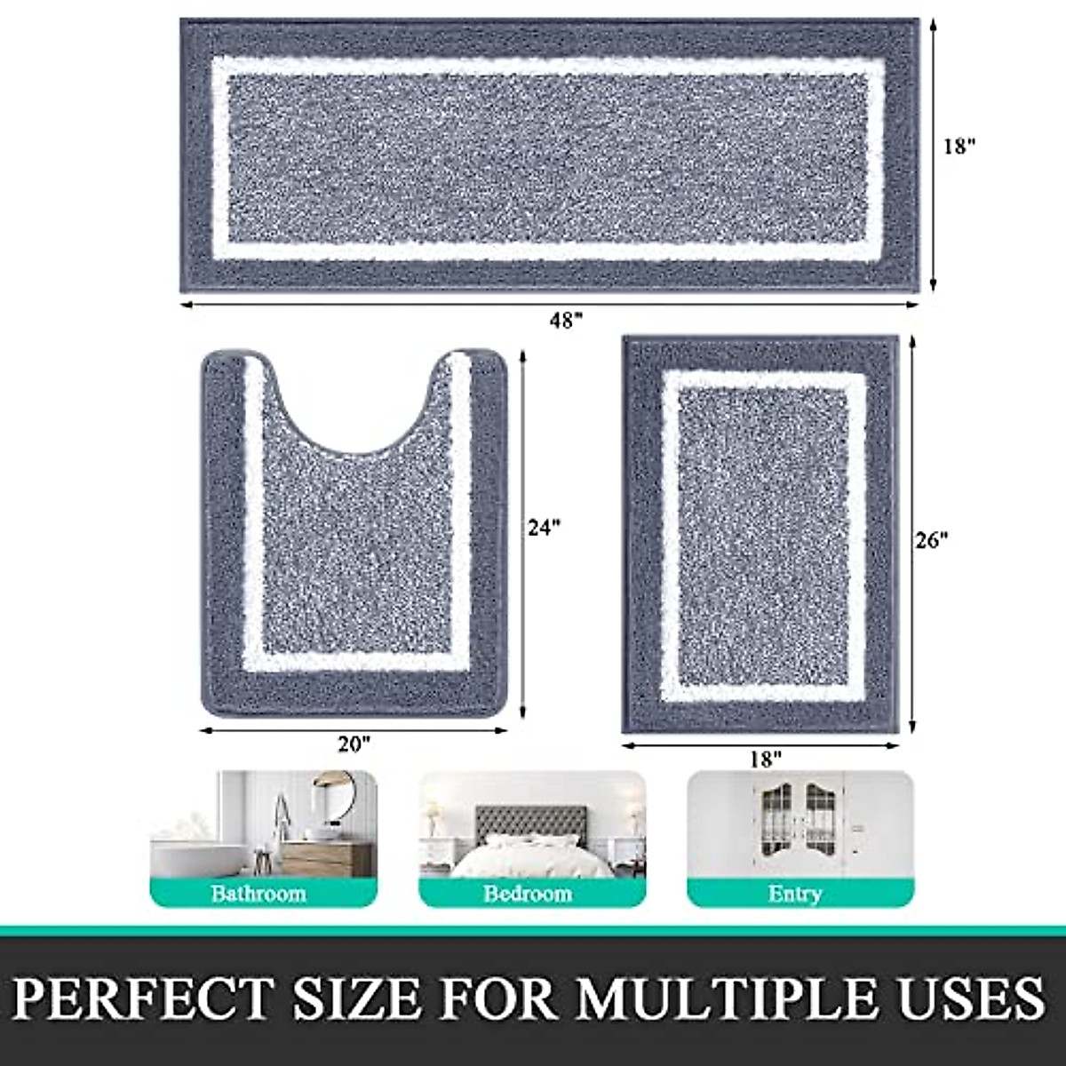Pauwer Bathroom Rug Mat Set 3 Piece, Microfiber Shaggy Bath Mat Set, Non-Slip Ultra Soft Carpet Mats, Absorbent Bathroom Mat Set with U-Shaped Toilet Mat for Bathroom, Tub, Shower, Dark Grey