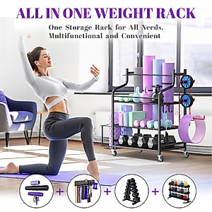 Mythinglogic Yoga Mat Storage Racks for Home, Gym Rack for Dumbbells Kettlebells Foam Roller, Yoga Strap and Resistance Bands, Workout Equipment Organizer With Hooks and Wheels