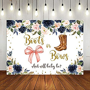 Lofaris Boots or Bows Gender Reveal Photography Backdrop He or She Baby Shower Background Navy Blue Floral What Will Baby Be Newborn Baby Party Decorations Cake Table Supplies Banner 7x5ft