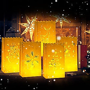 100 Pieces Christmas Luminary Bags White Paper Luminary Bags Flame Resistant Candle Bags Lantern Bags 5 Designs with Christmas Tree Snowflake Snowman Reindeer for Christmas Party Decoration