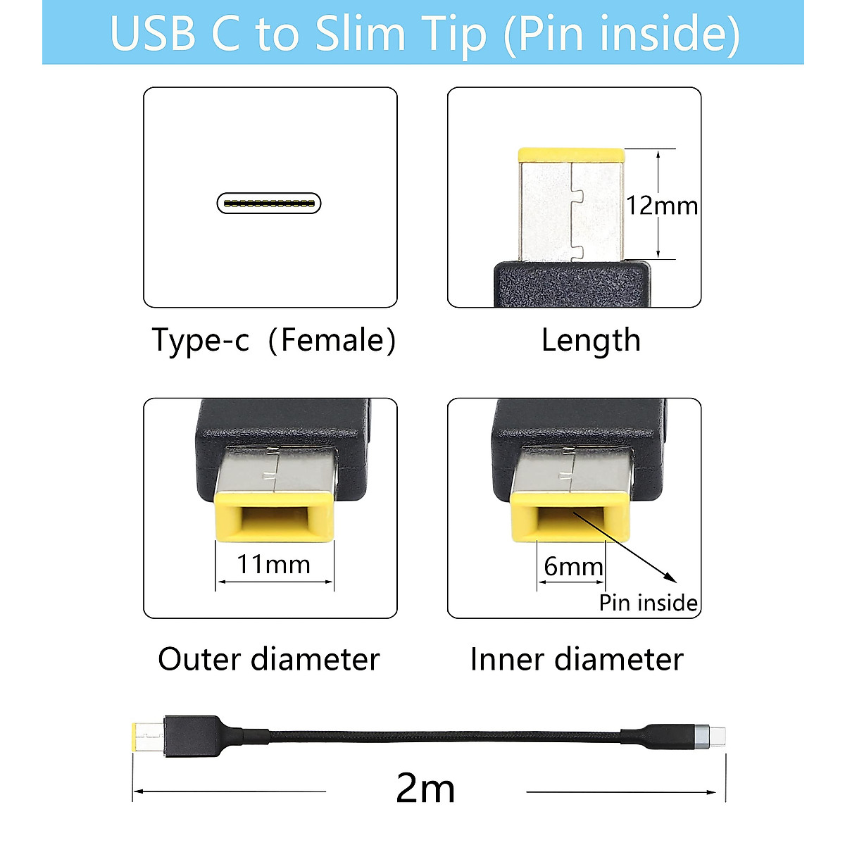 CERRXIAN 6.5ft 100W PD USB Type C Male Input to Slim tip Male Power Charging Cable for ThinkPad X1 Carbon T470s T470 T460 T460s T450 T450s(Square-100W)