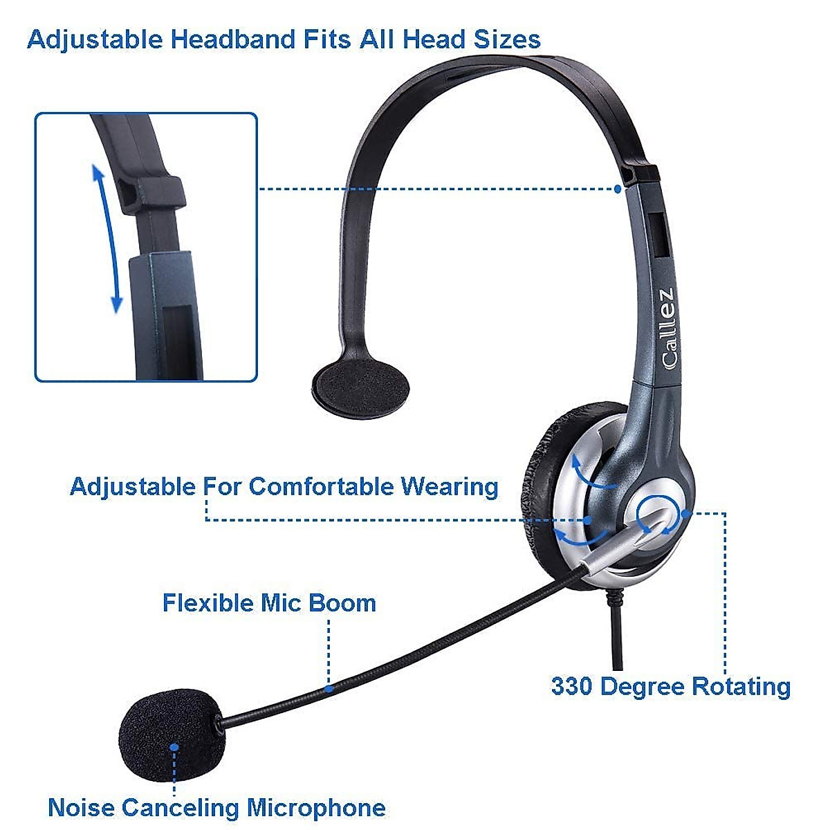 Callez Corded RJ9 Telephone Headset Mono with Noise Canceling Mic Compatible with ShoreTel 230 420 480 Polycom VVX310 VVX311 VVX410 VVX411 Avaya 1408 1416 5410 NEC Nortel Office Landline Deskphones