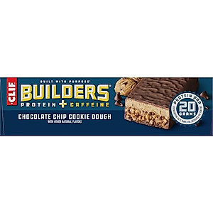 CLIF Builders + Caffeine - Chocolate Chip Cookie Dough Flavor - Protein Bars - Gluten-Free - Non-GMO - Low Glycemic - 20g Protein - 2.4 oz. (12 Count)