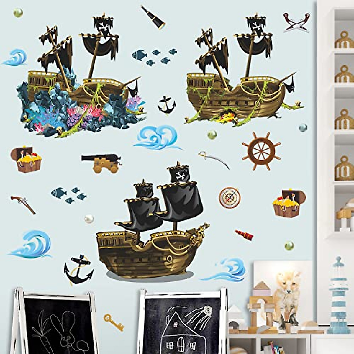 4 Sheet Pirate Ship Wall Sticker Shipwreck Wall Decal DIY Self-Adhesive Waterproof Waves Treasure Fish Hook Pearl Coral Reef Wall Art Decoration for Kitchen Bathroom Kids Boys Bedroom Playroom Nursery (A)