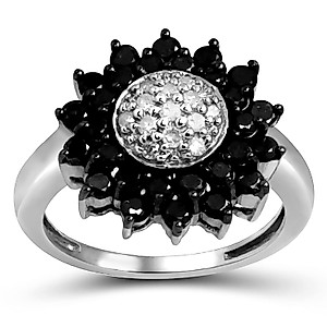 JEWELEXCESS 1.00 Carat T.W. Round cut Black & White Diamond SunFlower Sterling Silver Ring