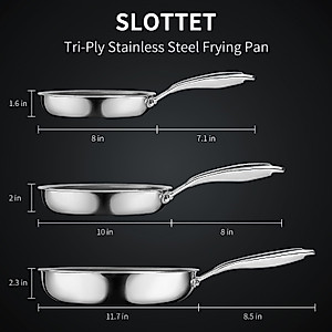 SLOTTET 8 Inch Tri-Ply Stainless Steel Frying Pan,Whole-Clad No Coatings Skillet with Stay-cool Handle for Cooking,Dishwasher and Oven Safe,Induction Pans