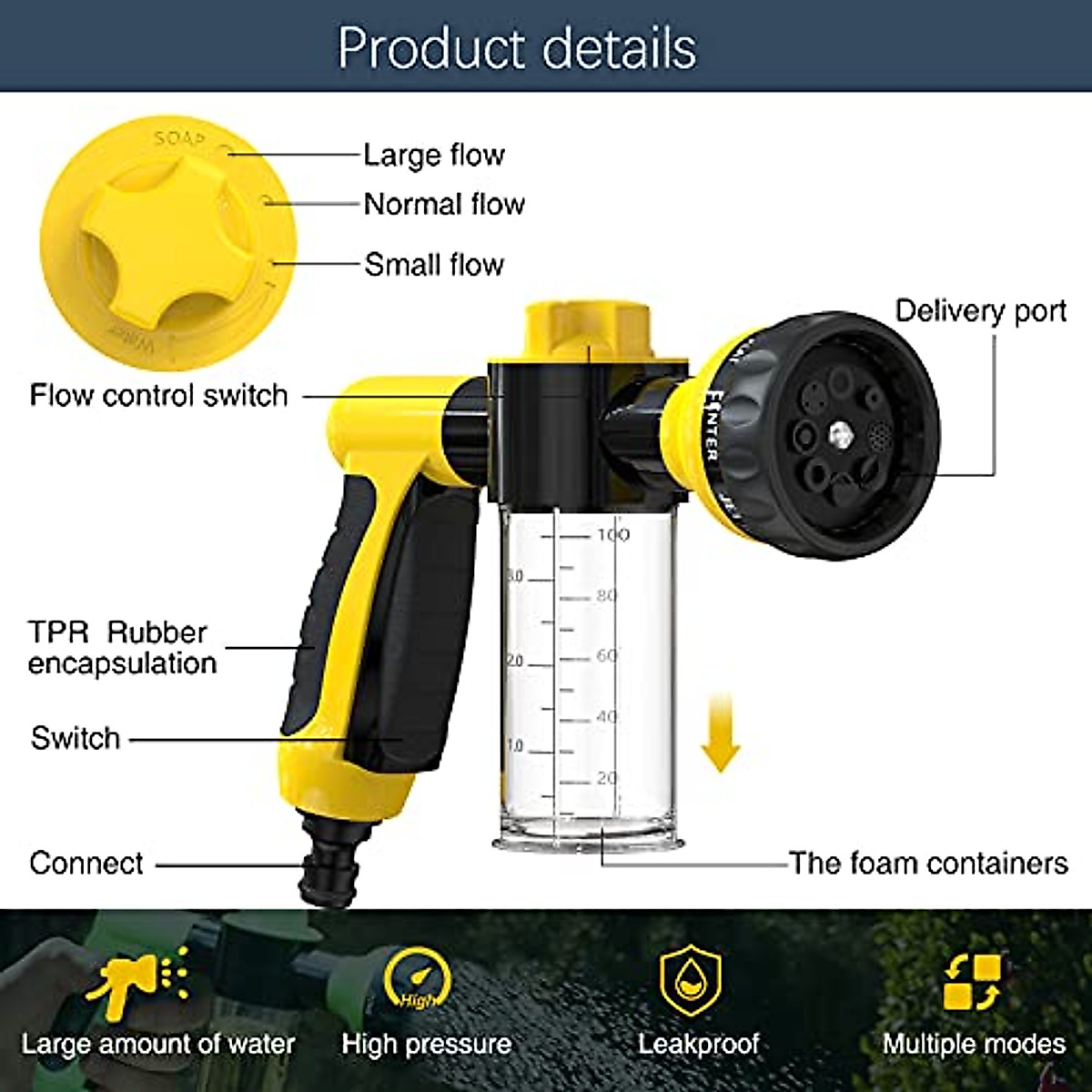 Garden Hose Nozzle, High Pressure Spray Gun Nozzle, 8 Spray Patterns for Watering Plants, Lawn, Patio, Cleaning, Showering Pet with 3.5oz/100cc Soap Dispenser Bottle