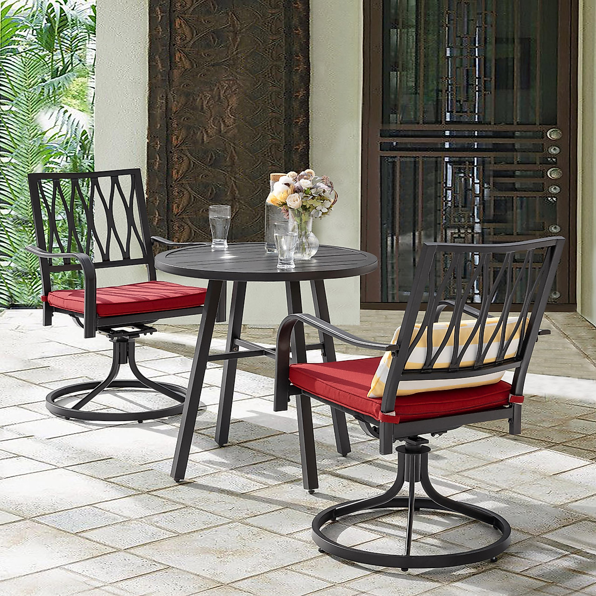 NUU GARDEN 3 Pieces Swivel Rocker Patio Bistro Set Outdoor Furniture Porch Cushioned Swivel Rocker Chairs Conversation Sets with Round Iron Coffee Table,Black&Red