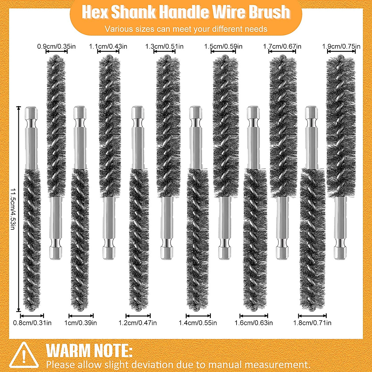 Stainless Steel Bore Brush Stainless Steel Bristles Wire Brush for Power Drill with Hex Shank Handle (0.8 cm,0.9 cm,1 cm,1.1 cm,1.2 cm,1.3 cm,1.4 cm,1.5 cm,1.6 cm,1.7 cm,1.8 cm,1.9 cm, 12 Pcs)