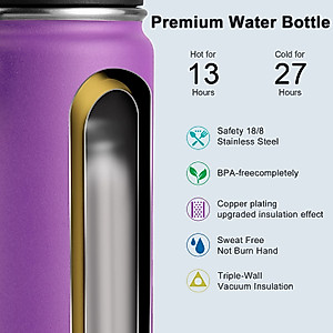 koodee Insulated Water Bottle, 22 oz Stainless Steel Double Wall Vacuum Wide Mouth Sport Bottle with Leakproof Spout Lid (Purple)