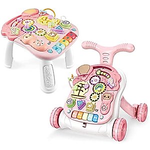 Baby Sit-to-Stand Learning Walker, 2 in 1 Baby Walker for Girls Boys, Educational Baby Push Walkers with Entertainment Activity Table, Baby Music Learning Toy Gift for Infant Boys Girls (Pink)