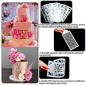 DI QIU REN 16PCS Cake Stencils Decorating Buttercream, 15X5.9 Inch Fondant Stencil for Cake Decoration Lace Cake Stencil & Template, Geometric Icing Stencil Cake Printing Mold Side Baking Mesh Stencil