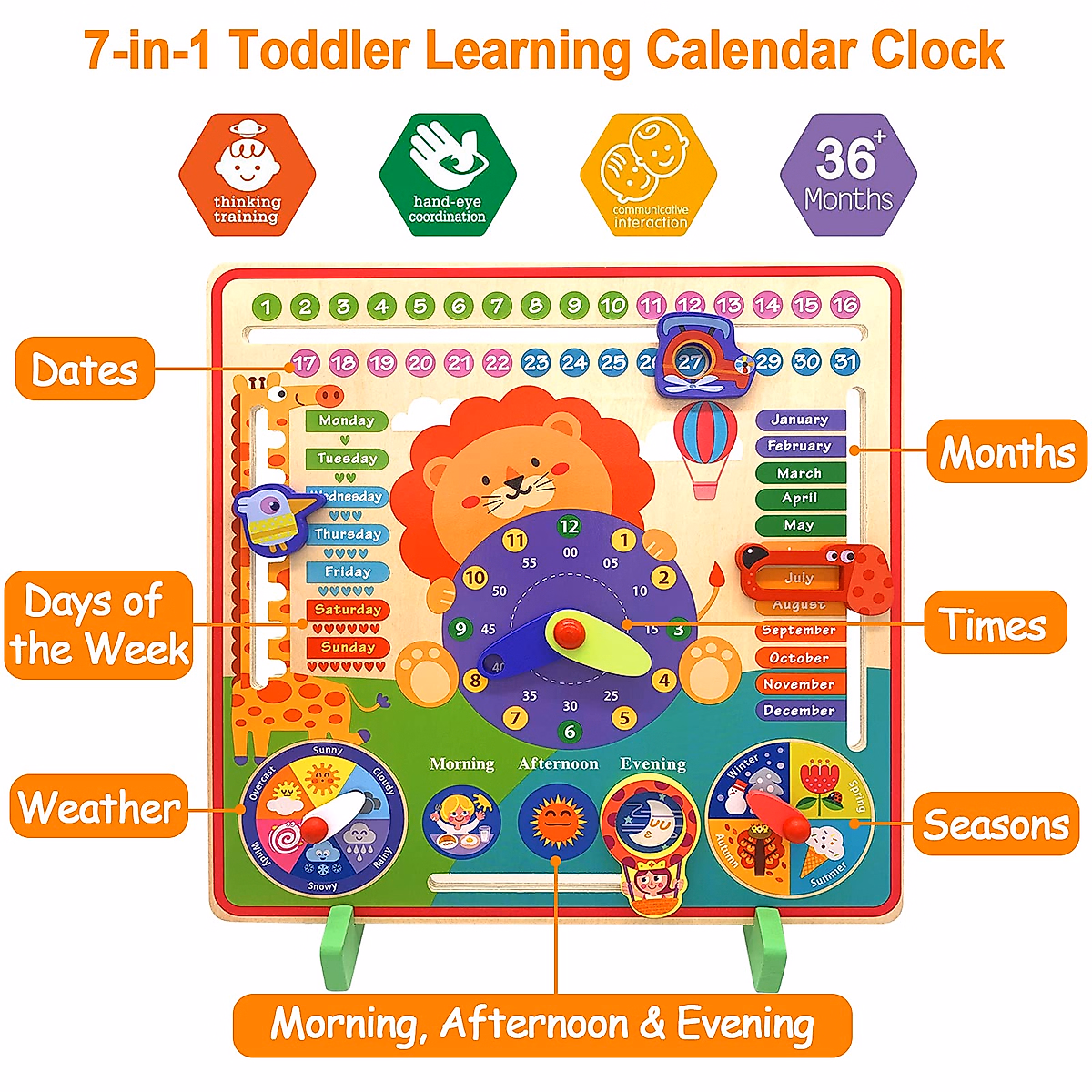 Wooden Montessori Toddler Learning Clock, Telling Time Teaching Clock & Time Calendar Cognitive Board, Preschool Learning Educational Toys for 3+ Years Old Boys and Girls
