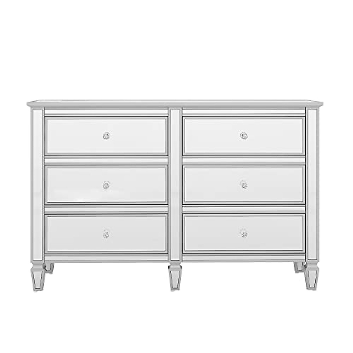 SOFTSEA Modern 6 Drawer Mirrored Dresser, Glass Dresser & Chest of Drawers for Bedroom, Silver Finished Storage Cabinet with Crystal Knobs, Easy Assembly