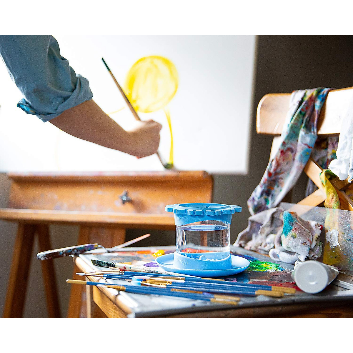 Paint Brush Cleaner Rinse Cup (All-in-One) Fine Art, Studio, Classroom | Brushes Holder & Silicone Cleaning System for Acrylic, Watercolor, and Water-Based Mediums (Mug, Blue)