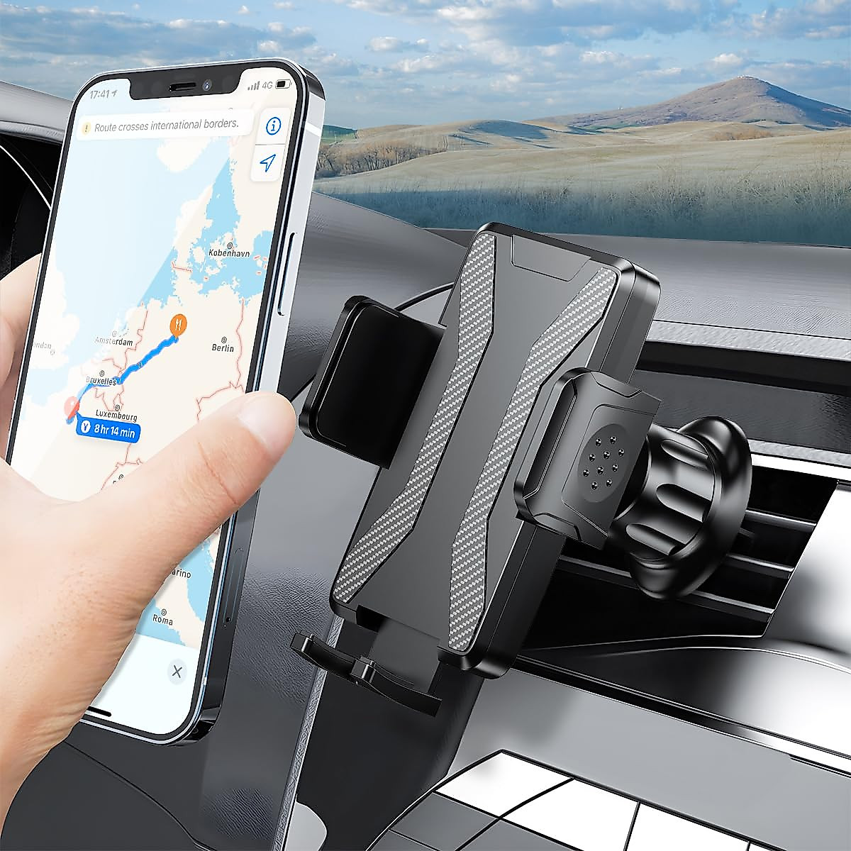BELOMI Car Phone Mount, Car Air Vent Cellphone Holder, 360° Rotation Adjustable Mobile Phone Bracket, Hands Free Phone Cradle Compatible with iPhone 14 13 12 Pro Max Smartphones (Carbon Fiber)