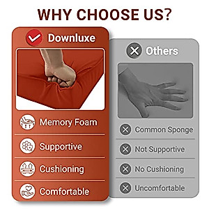 downluxe Outdoor Chair Cushions for Patio Furniture, Waterproof Square Corner Memory Foam Patio Chair Cushion with Adjustable Ties and Portable Handle, 19" x 19" x 3", Orange, 2 Pack