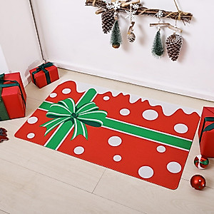 TRUEDAYS Christmas Red Bowknot Door Mat, Outdoor Indoor Welcome Rug Durable Bedroom Door Mats, Cute Cartoon Gift Box Snowflake Christmas Decorative Doormat with Non Slip Rubber Backing
