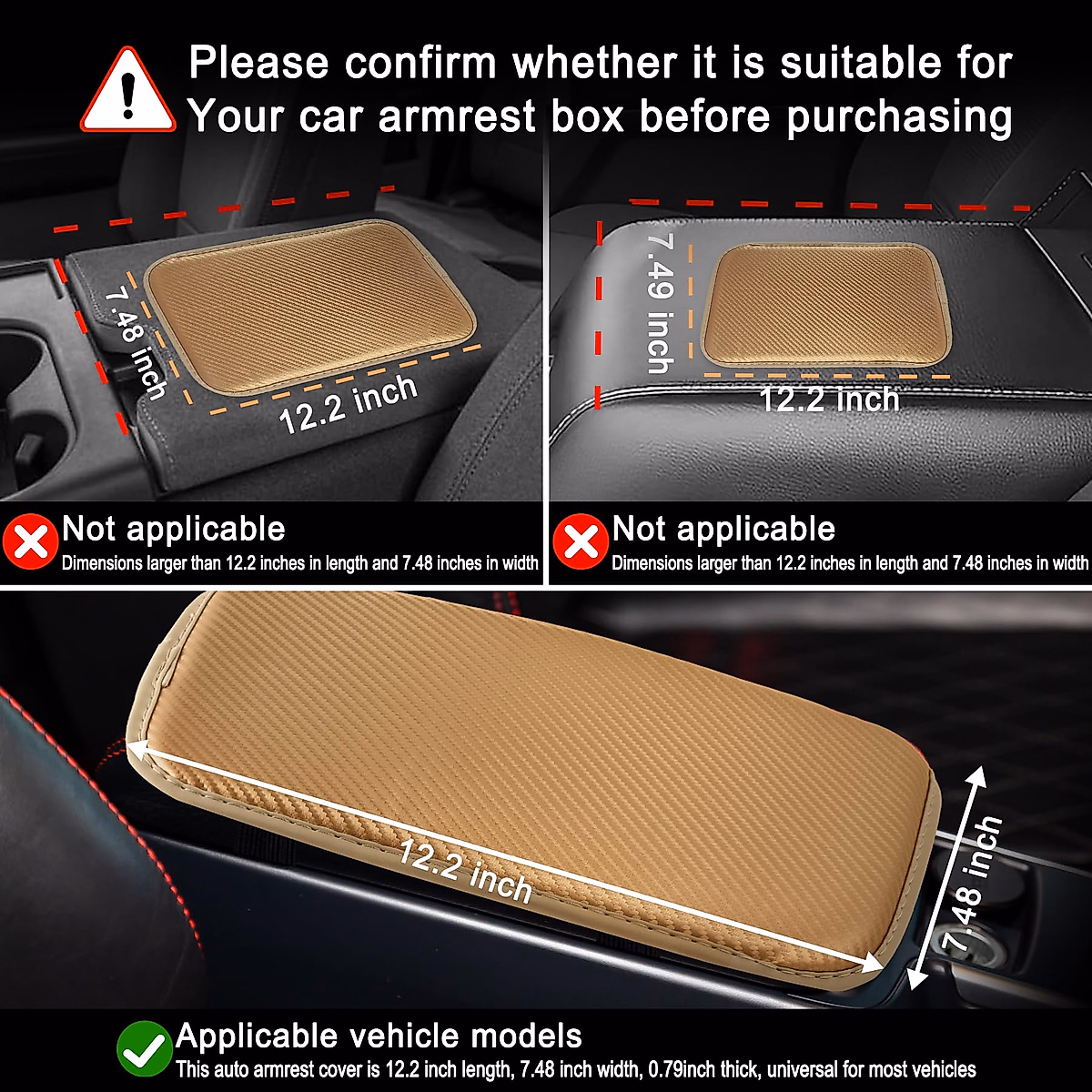 Amiss Car Center Console Pad, Universal Waterproof Car Armrest Seat Box Cover, Car Interior Accessories, Carbon Fiber PU Leather Auto Armrest Cover Protector for Most Vehicle, SUV, Truck, Car (Gold)