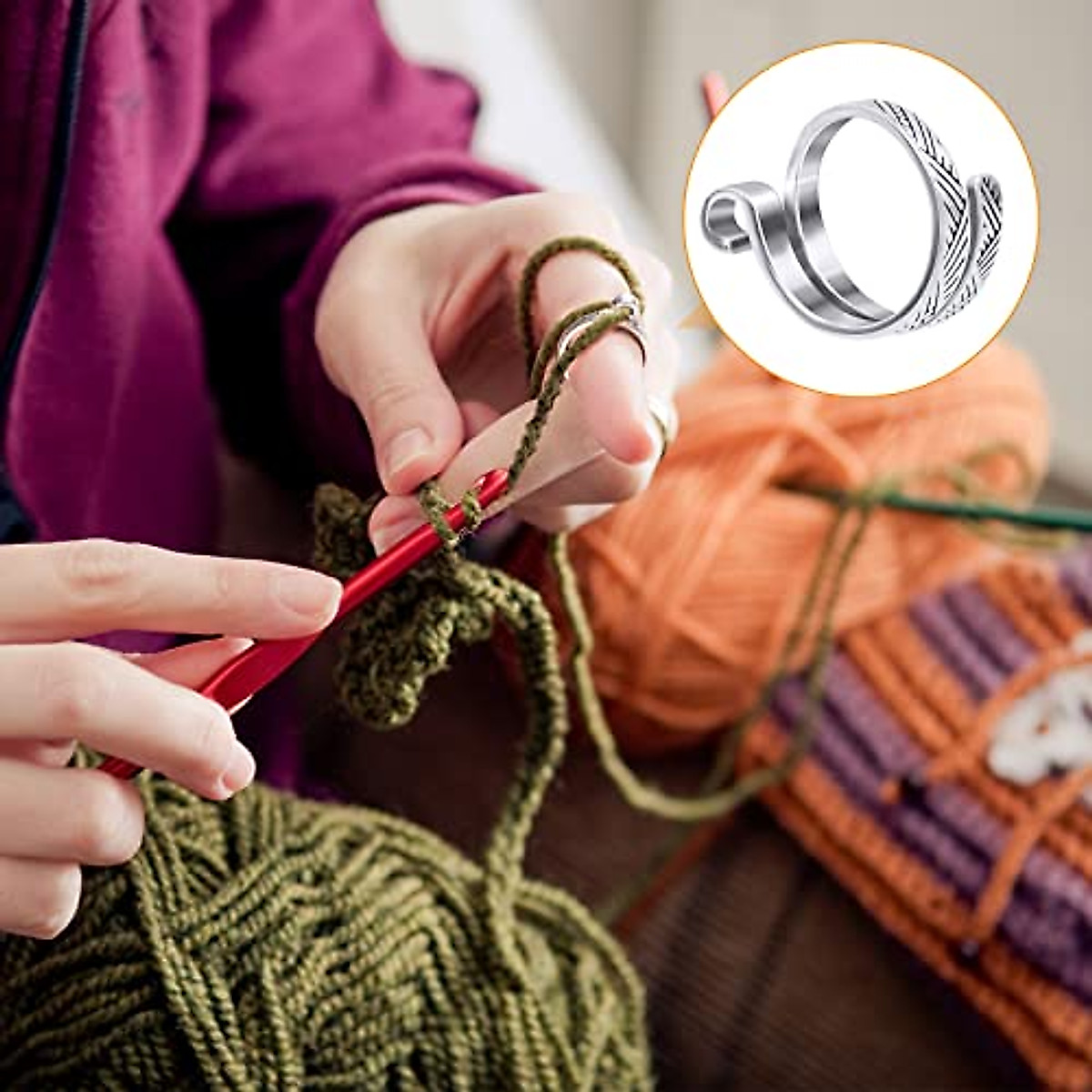 ANCIRS 2 Pack Knitting Crochet Loop Ring for Fingers, Adjustable Crochet Tension Ring, Metal Open Yarn Guide Finger Holders, Knitting Thimbles for Crochet- Silver