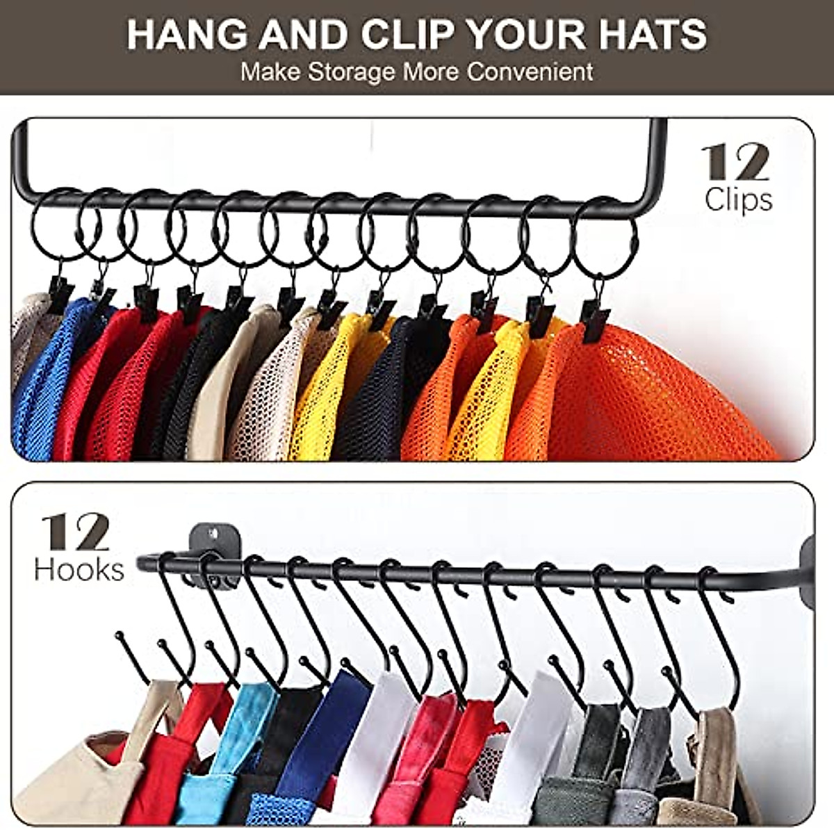 HYDERMUS Hat Rack for Wall with Shelf for 24 Baseball Caps Metal Hat Organizer with 12 Clips and 12 Hook Hat Holder Wall Mounted for Baseball Caps Trucker Hat and Others Hat Weathered Walnut